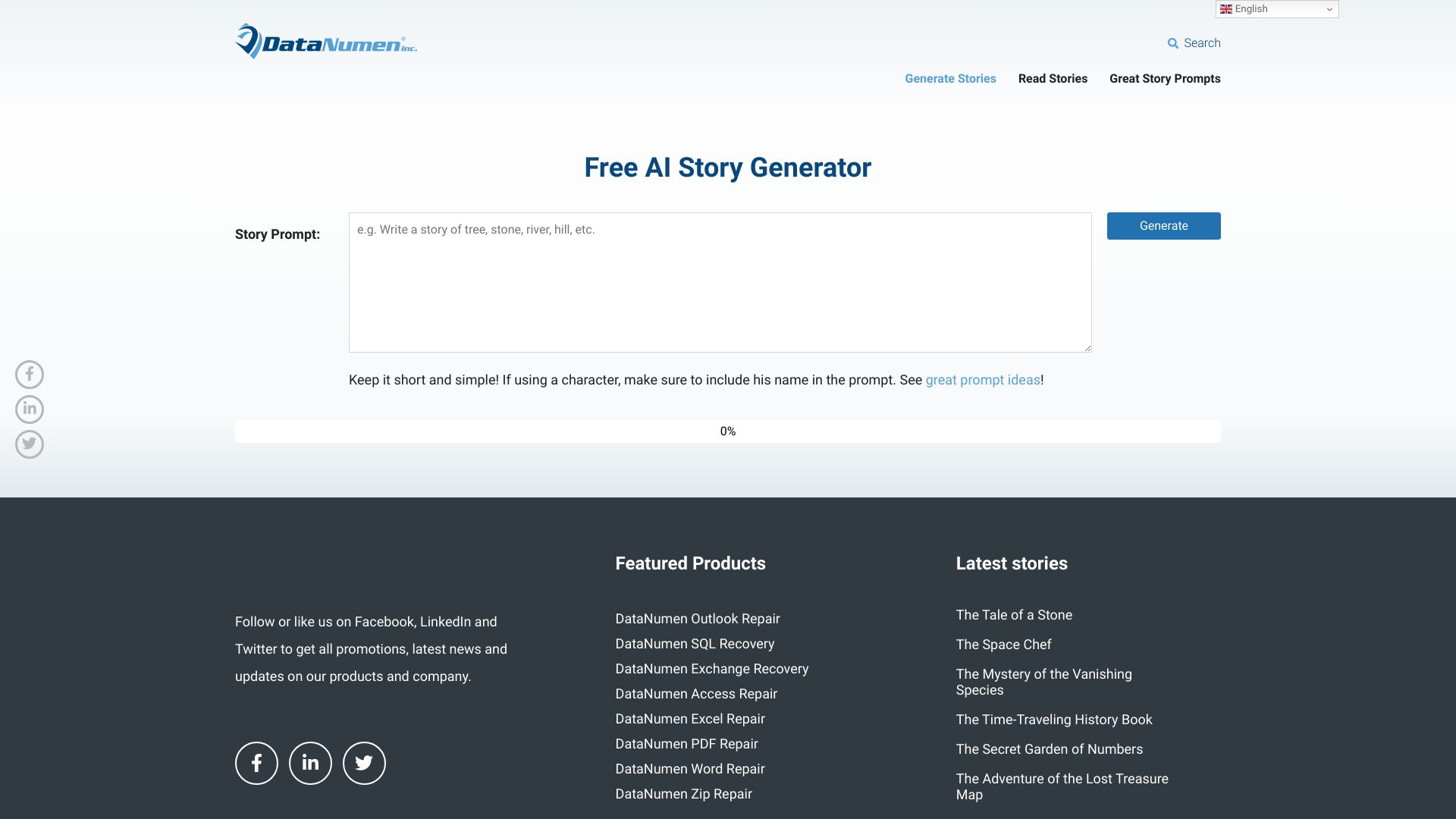 DataNumen AI Story Generator - Create Engaging Stories Easily | Creati.ai