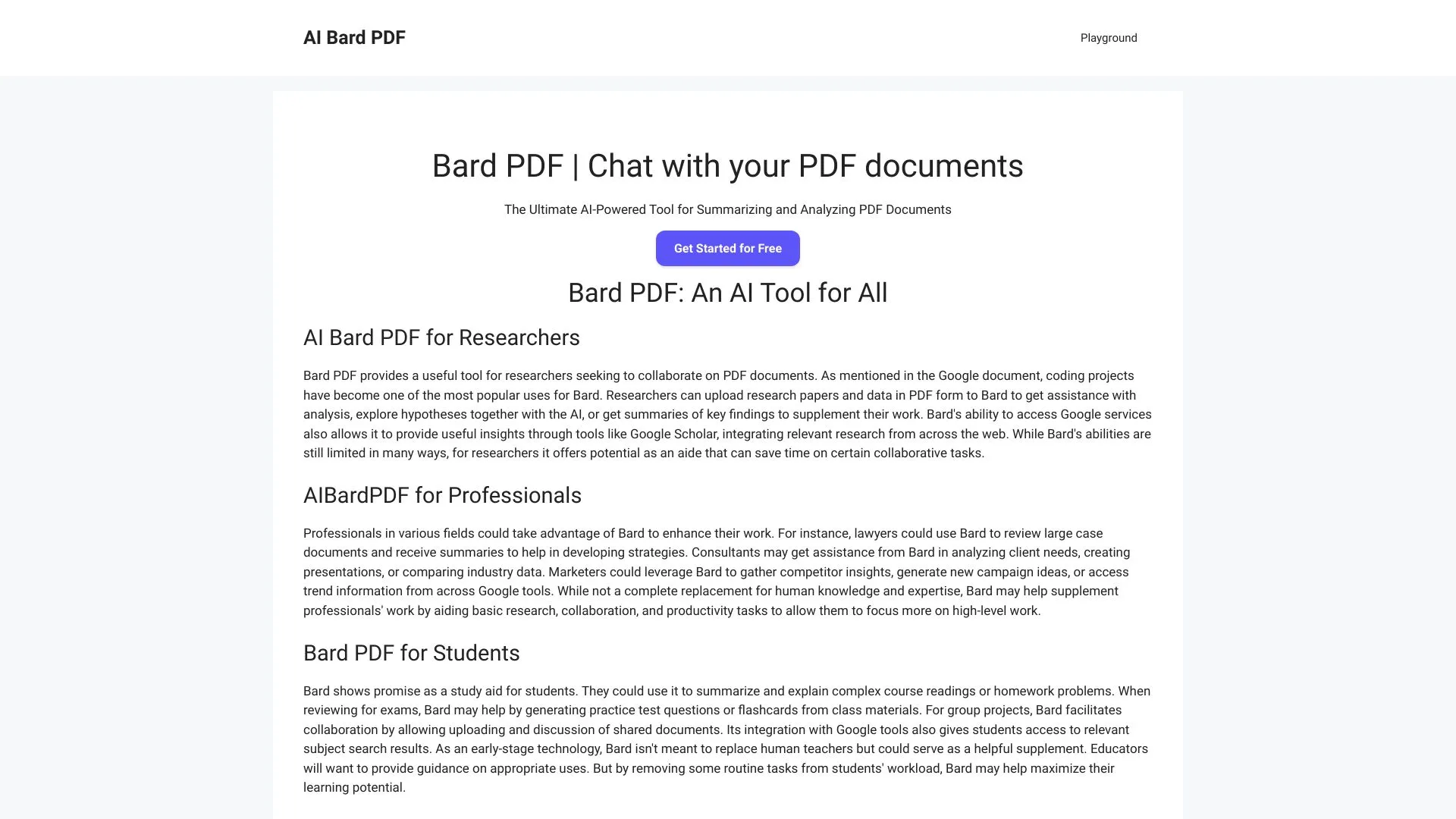 AI Bard PDF: Resumen y Análisis de PDF Impulsados por IA | Creati.ai