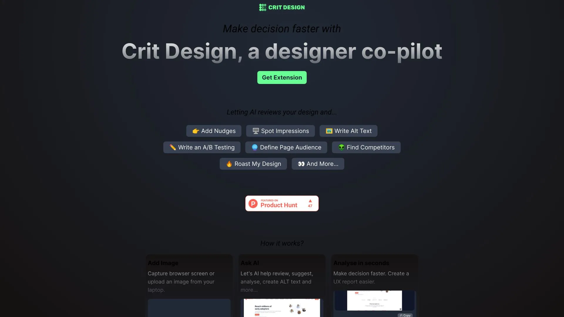 Crit Design - Captura y análisis de pantalla impulsados por IA | Creati.ai