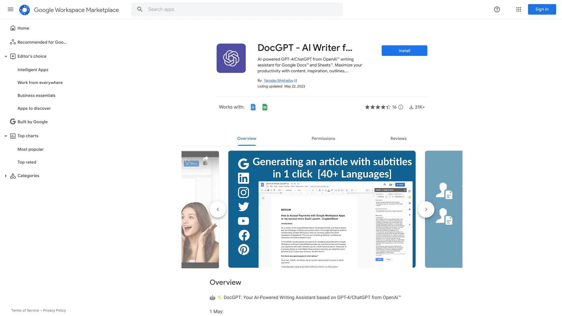DocGPT AI Writer para Google Docs | Creati.ai