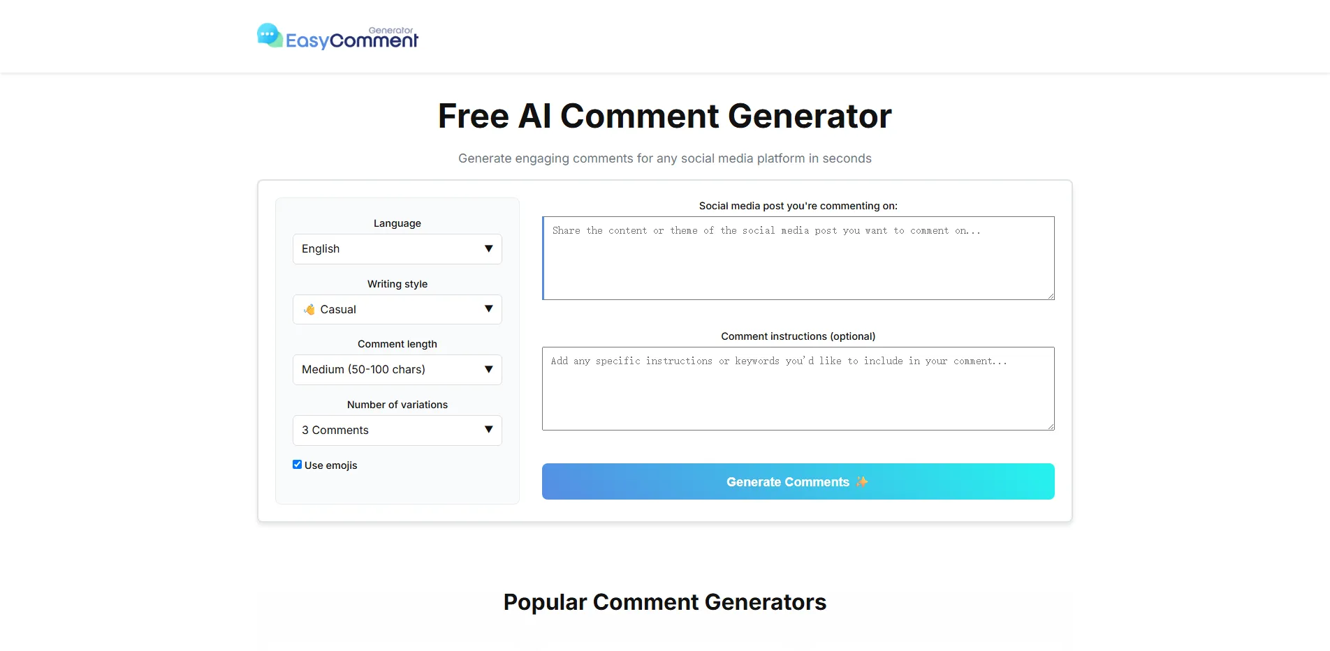 Easy Comment Generator - Boost Your Social Media Engagement | Creati.ai