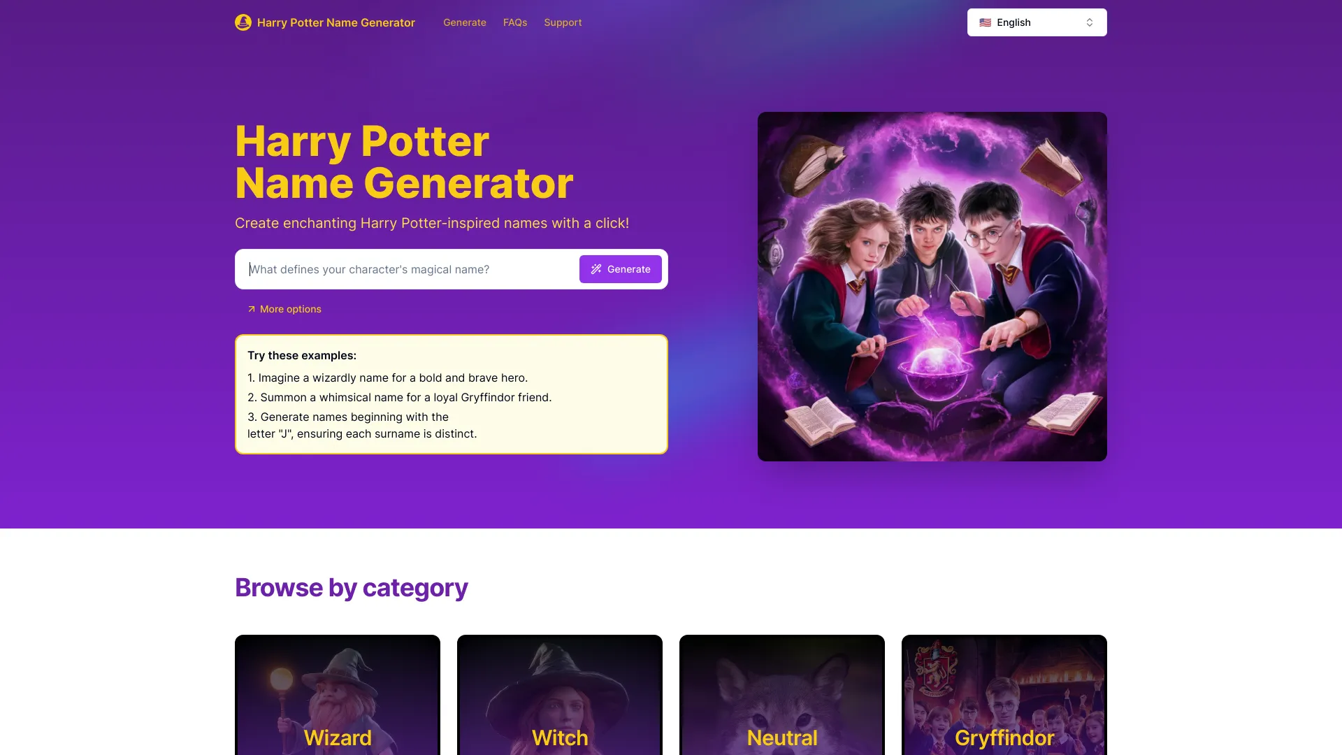 Generador de Nombres Harry Potter | Crea Nombres Únicos de Mago | Creati.ai