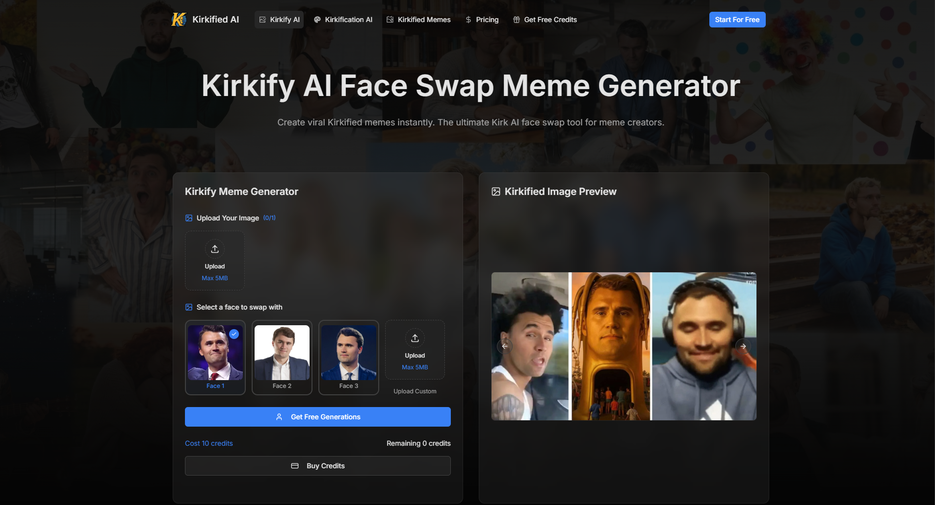 Kirkify AI Face Swap Meme Generator - Viral Kirkified Memes | Creati.ai