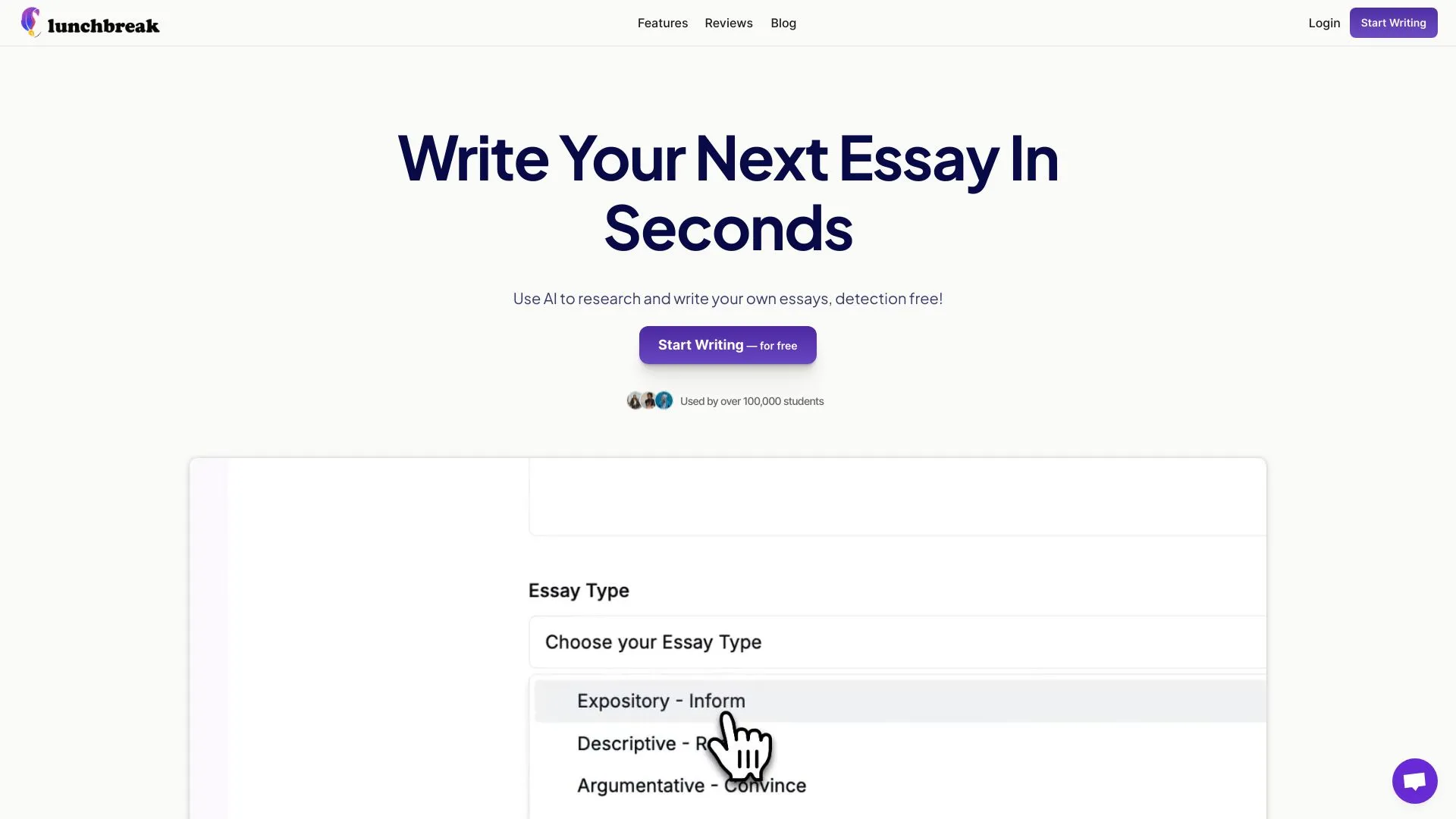 Lunchbreak AI: Advanced AI-Powered Essay Writing Platform | Creati.ai
