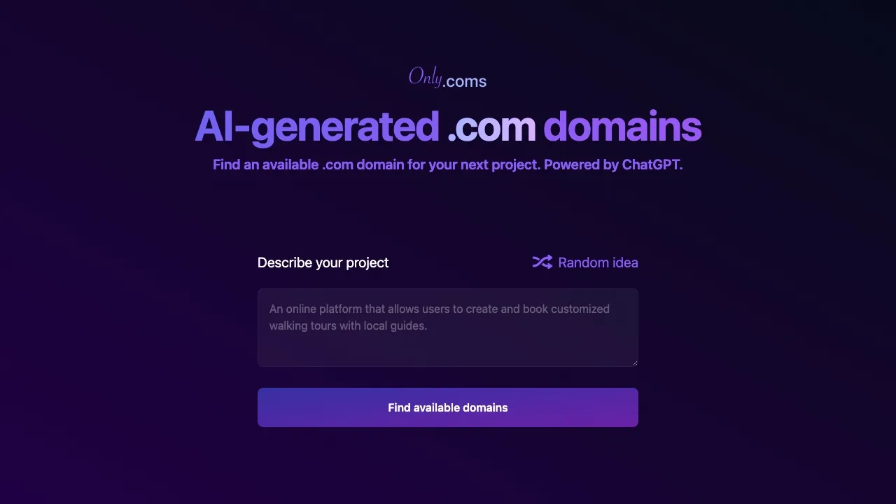 OnlyComs: AI-Powered .com Domain Discovery | Creati.ai