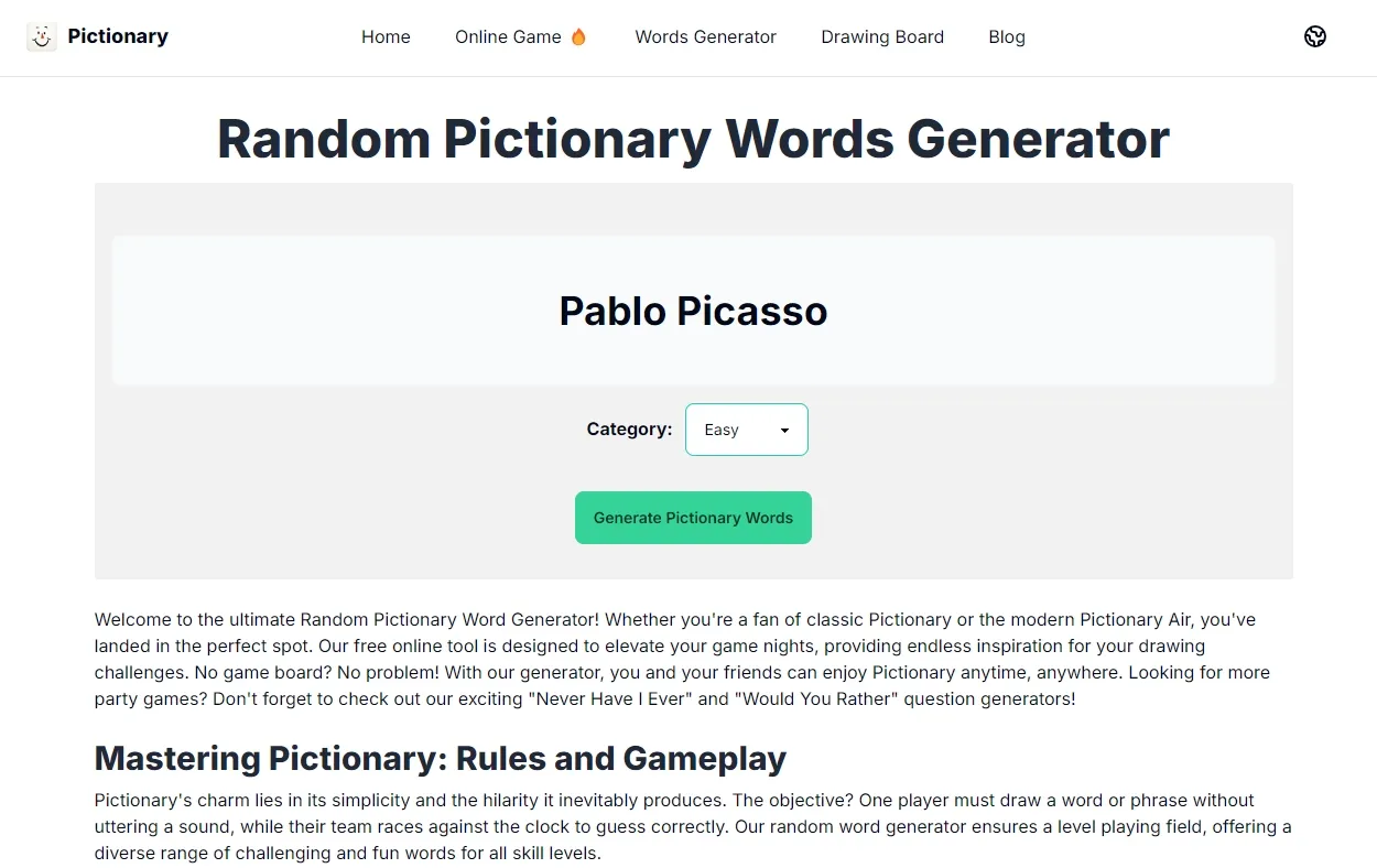 Generador de Palabras de Pictionary | Ideas de Diversión Infinita ...