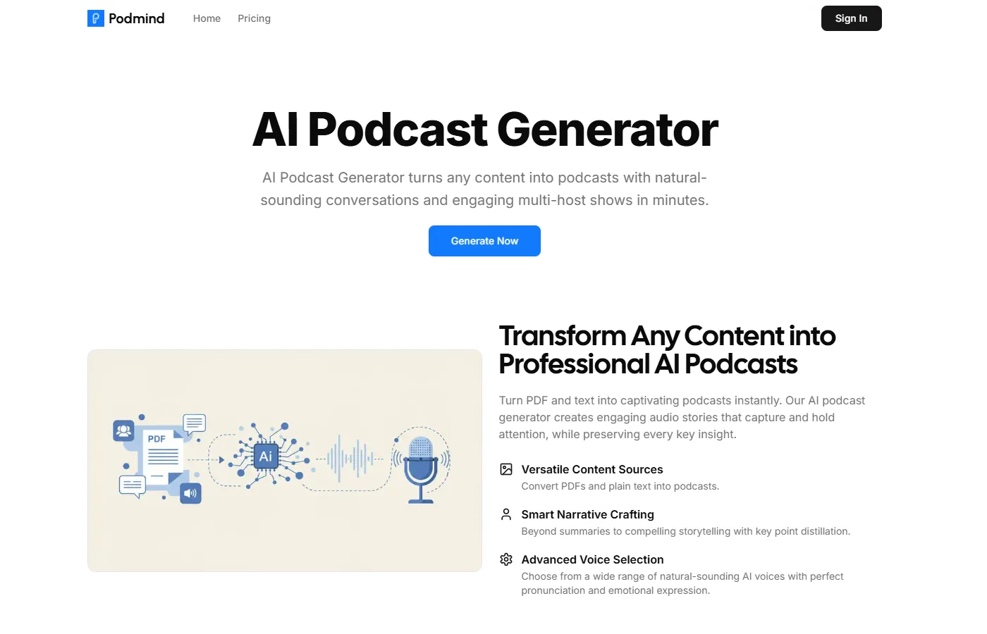 PodMind: KI-gesteuerter Podcast-Generator | Creati.ai