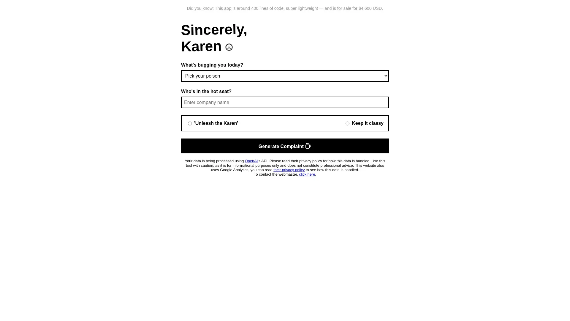 Sincerely, Karen - Funny Complaint Generator | Creati.ai