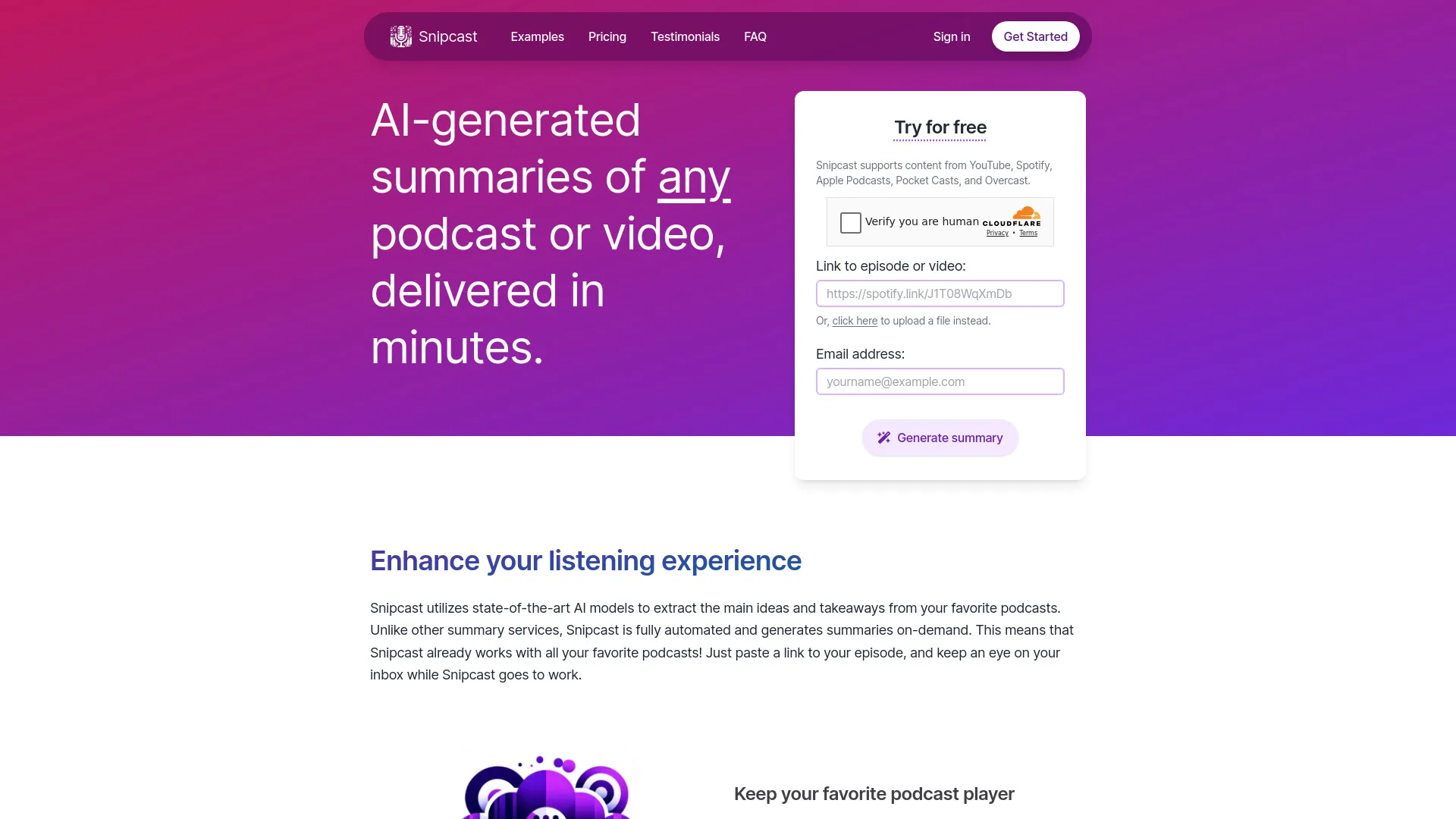 Snipcast: AI Podcast and Video Summaries Made Easy | Creati.ai