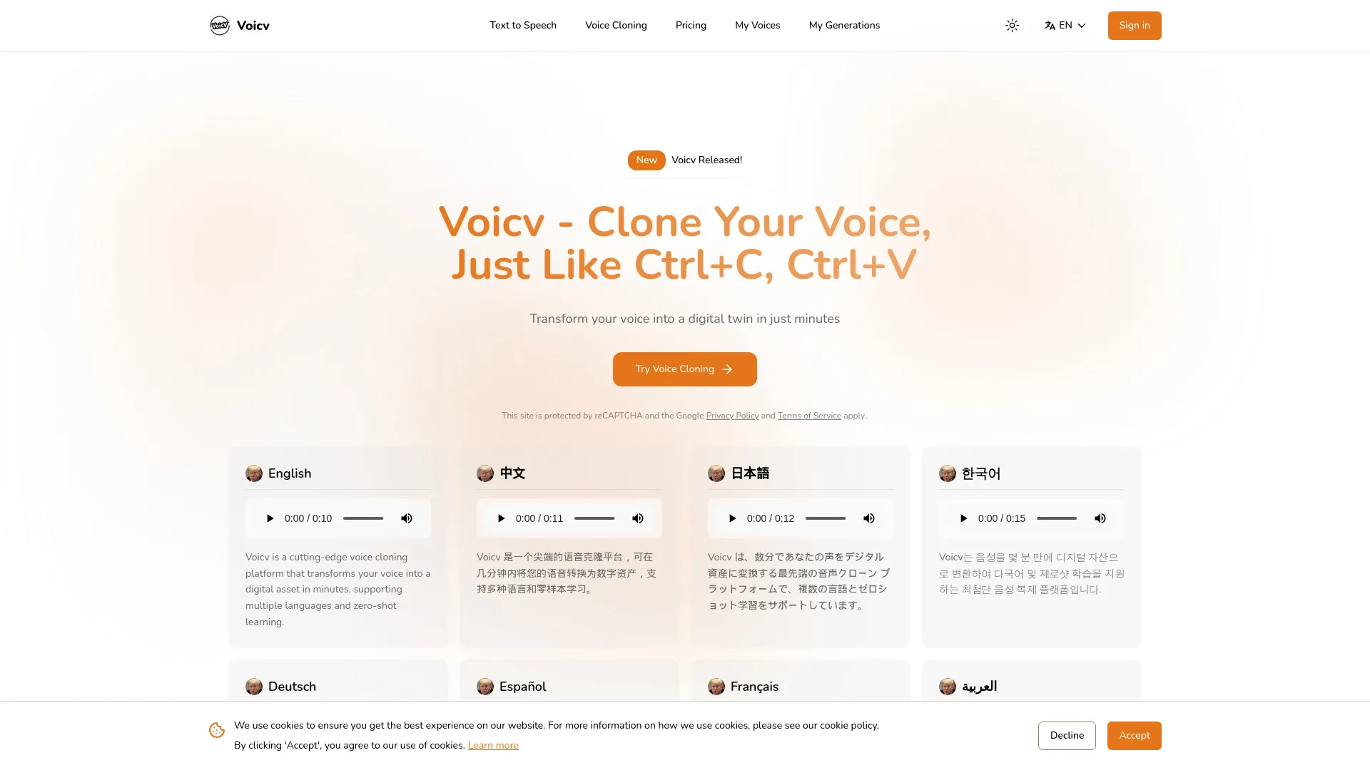 Voicv - Cutting-Edge Voice Cloning Platform | Creati.ai