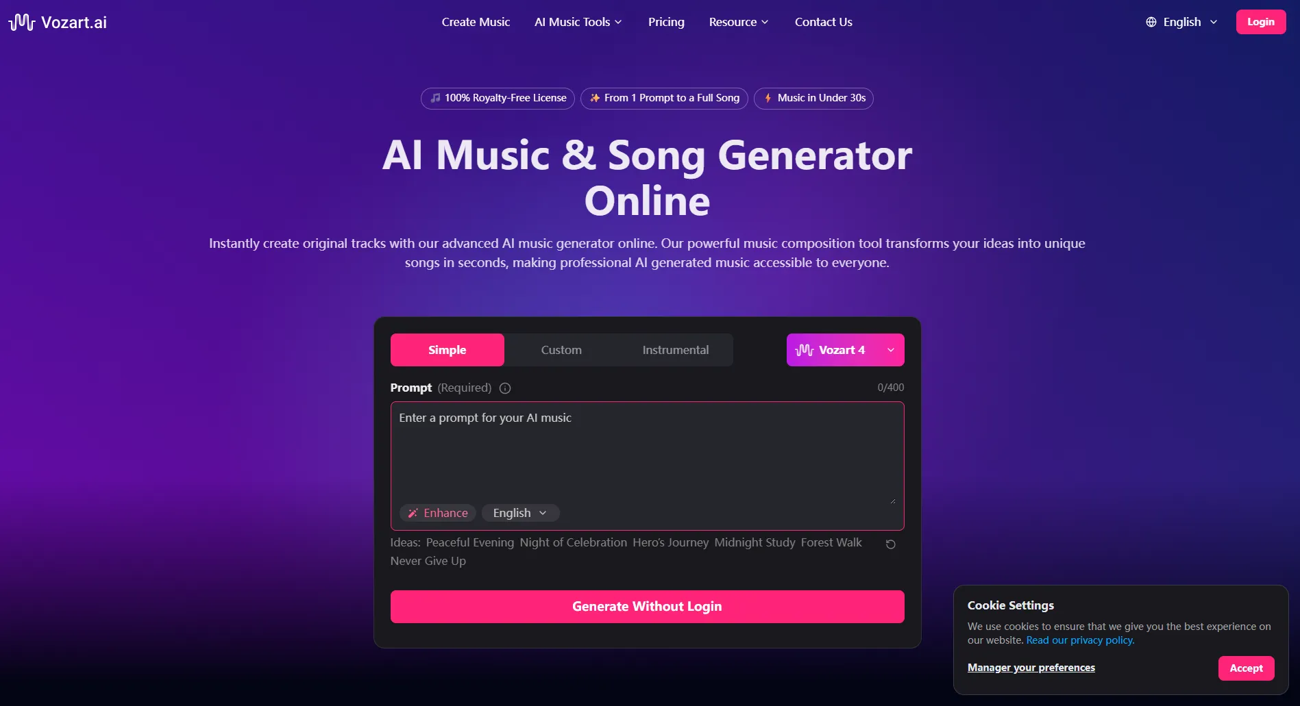 Vozart.ai - Advanced AI Music Generator for Royalty-Free Tracks | Creati.ai