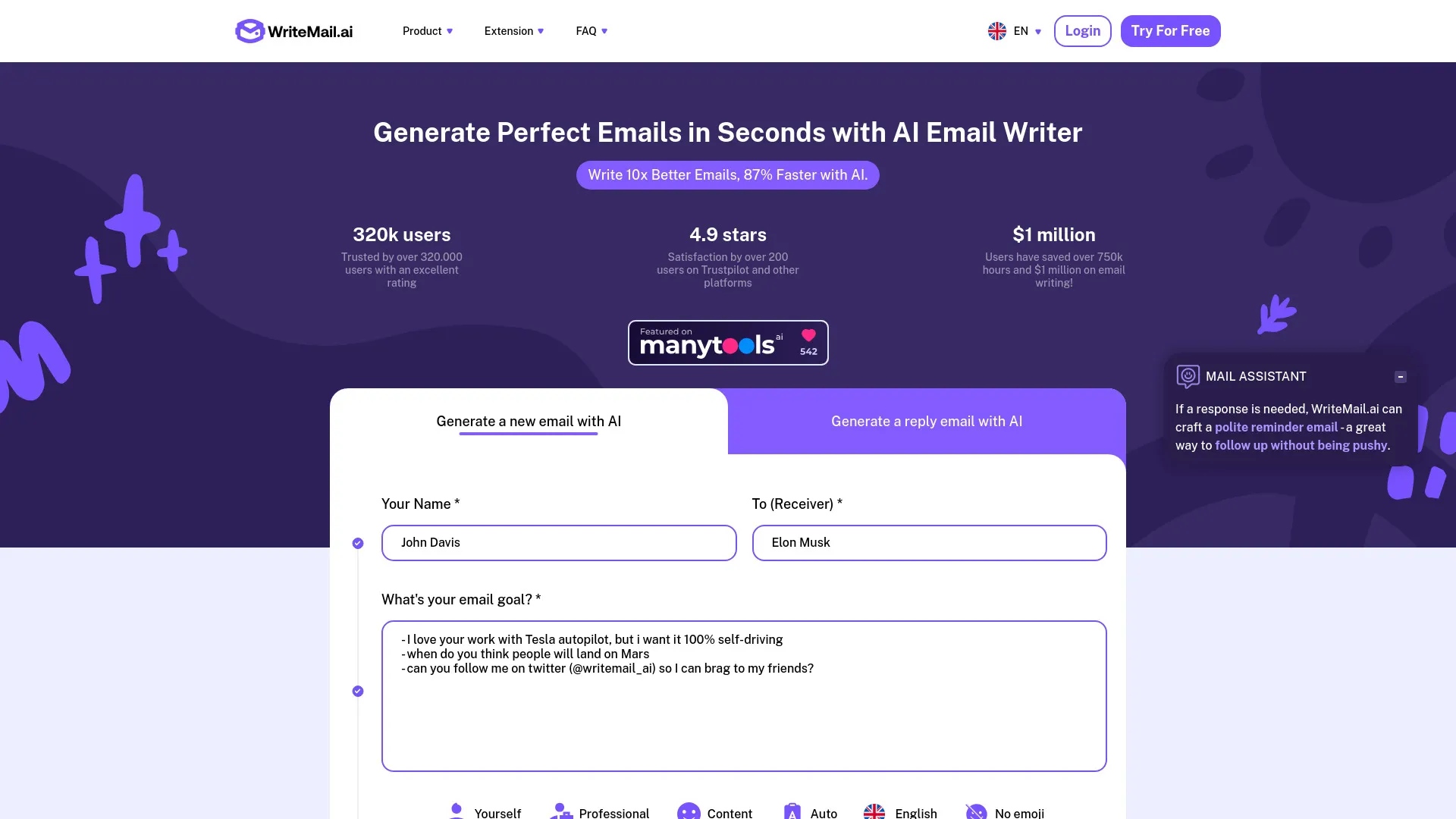 WriteMail.ai : Rédaction d'e-mails IA simplifiée | Creati.ai